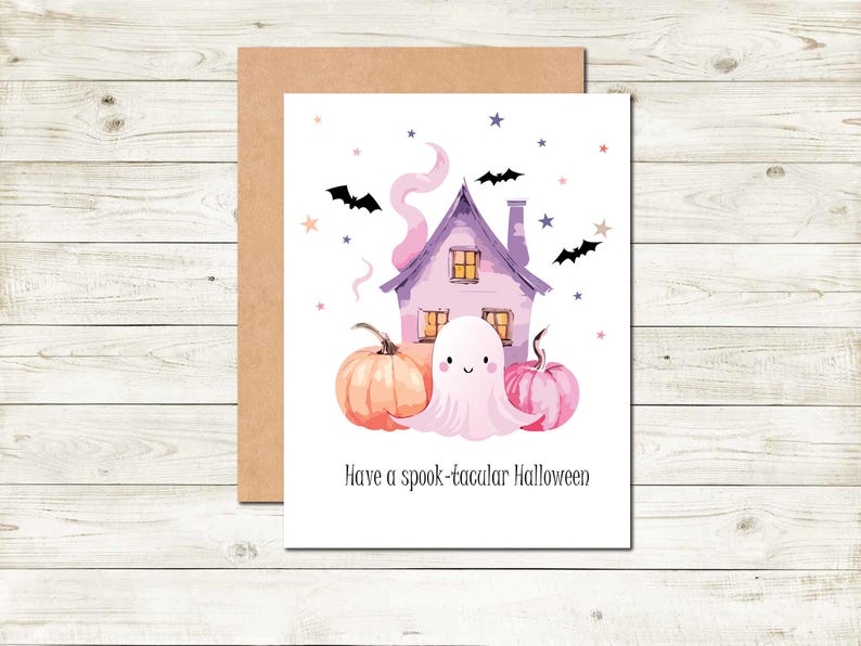 Happy Halloween With Cute Ghost, Pumpkins, Bats, and Haunted House Can ...