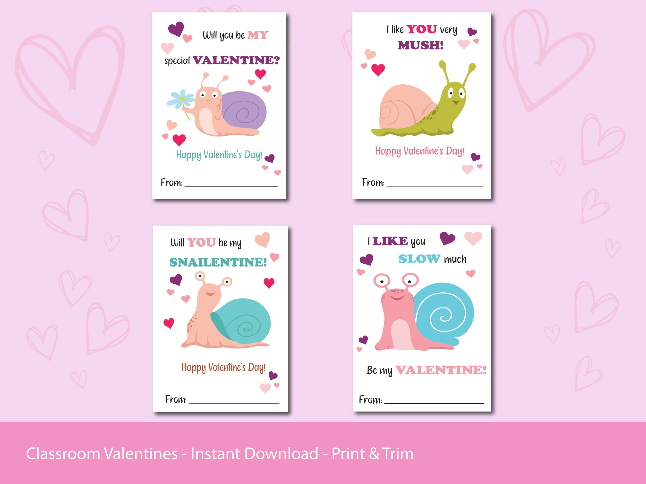 Printable Kids Valentine's Day Cards Cute Snail Valentines Classroom ...