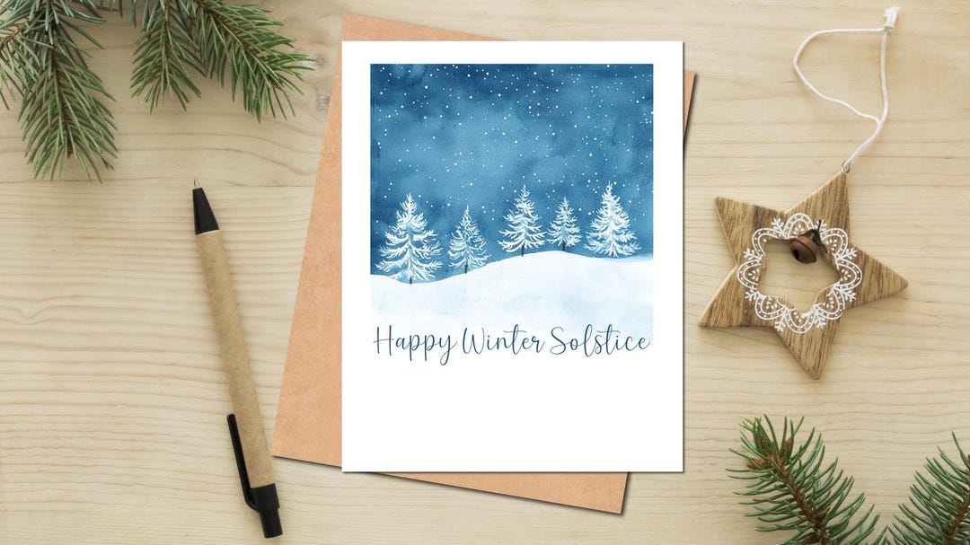 Happy Winter Solstice Card – Watercolor Blue Sky With White Trees ...