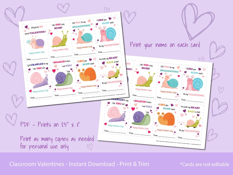 Printable Kids Valentine's Day Cards Cute Snail Valentines Classroom ...