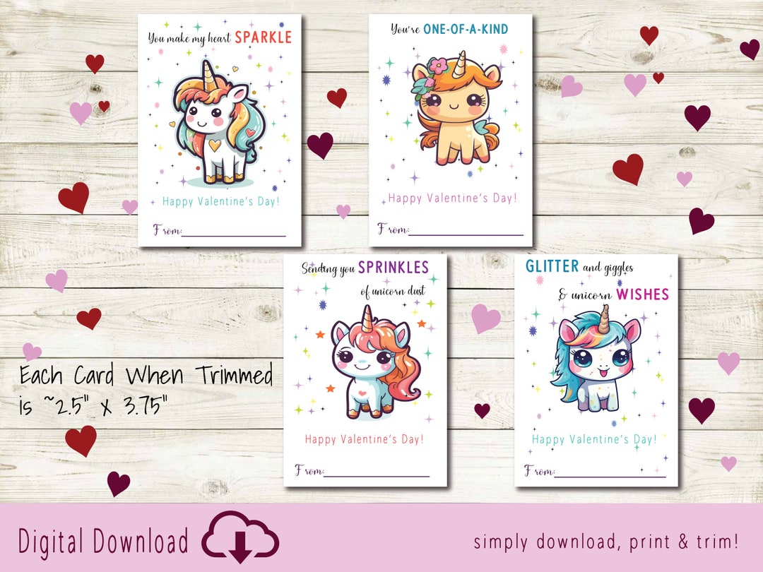 Printable Kids Valentine's Day Cards With Cute Unicorns Classroom ...