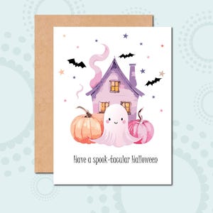 Happy Halloween With Cute Ghost, Pumpkins, Bats, and Haunted House Can ...