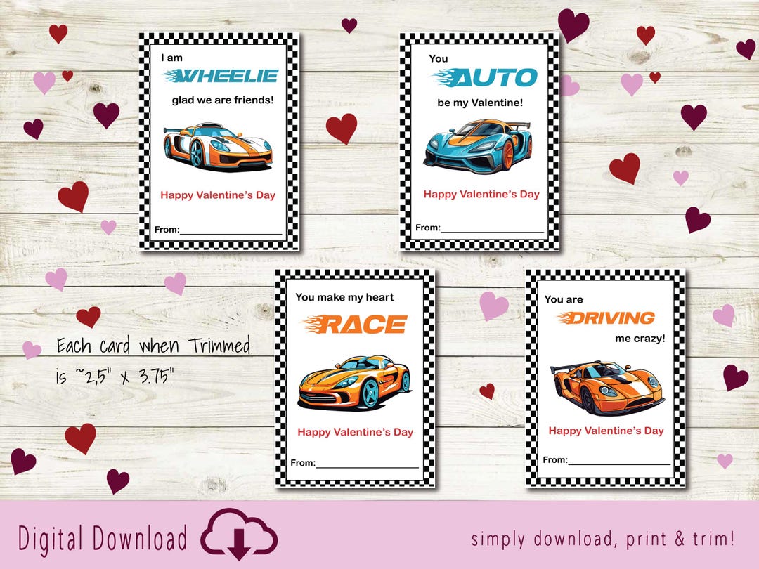 Printable Sport Car Kids Valentine's Day Cards Valentines Classroom ...