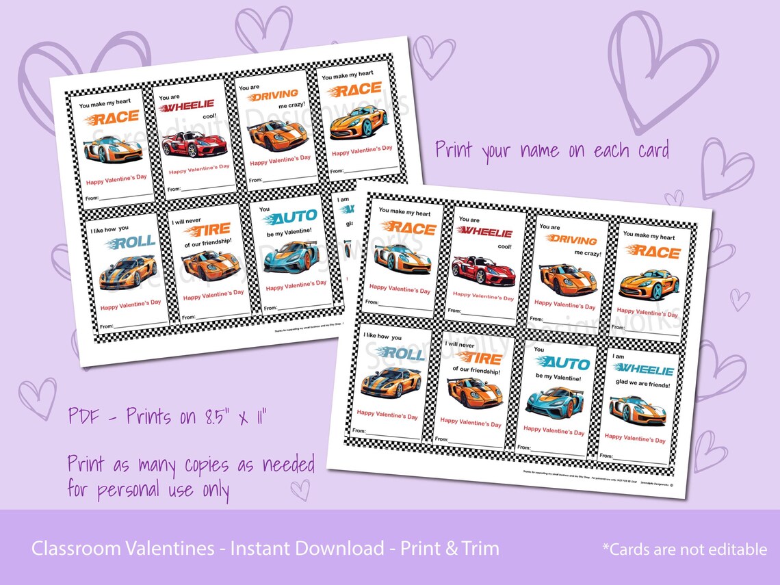 Printable Sport Car Kids Valentine's Day Cards Valentines Classroom ...