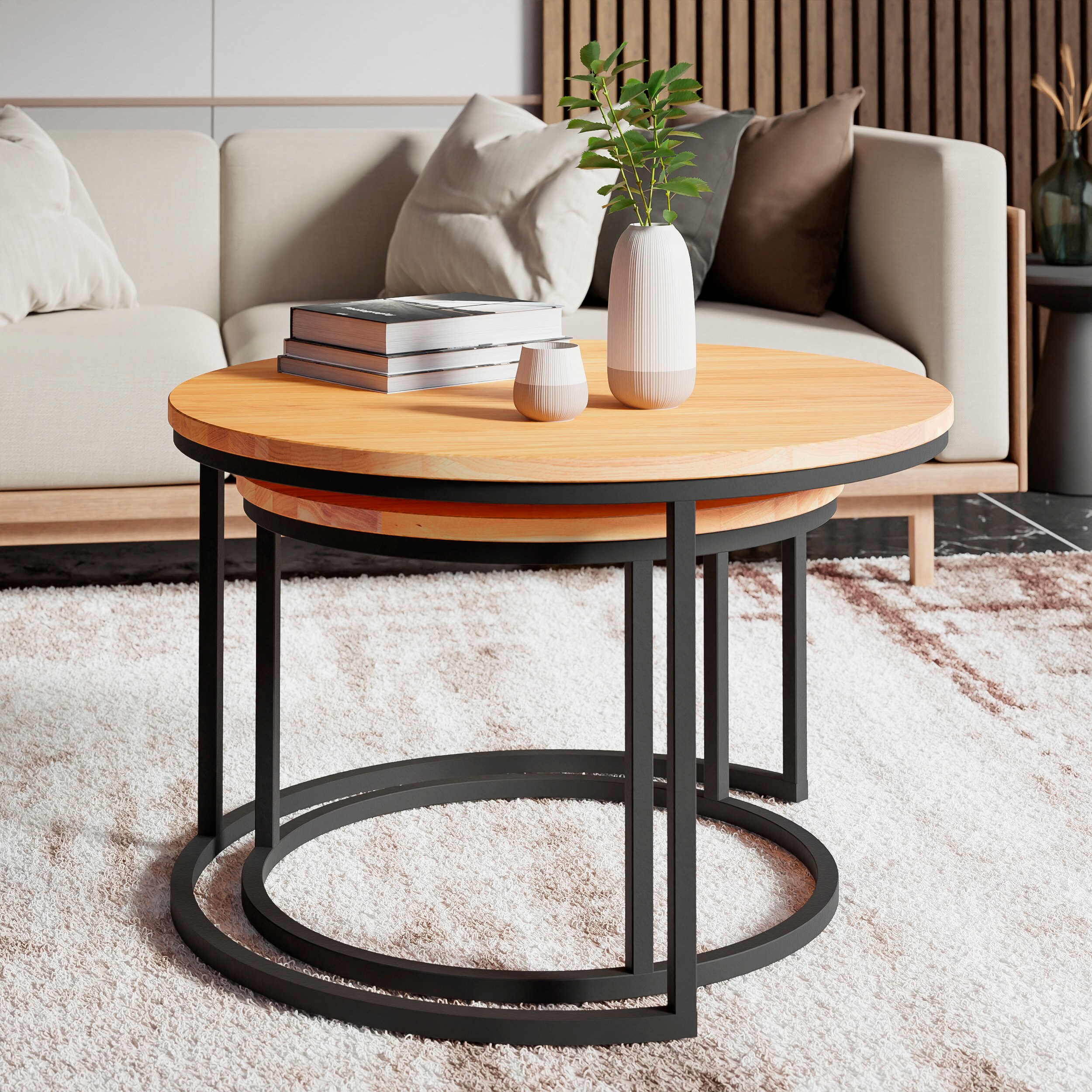 Round Nesting Coffee Table, Round Wood Coffee Table Set, Modern Coffee ...