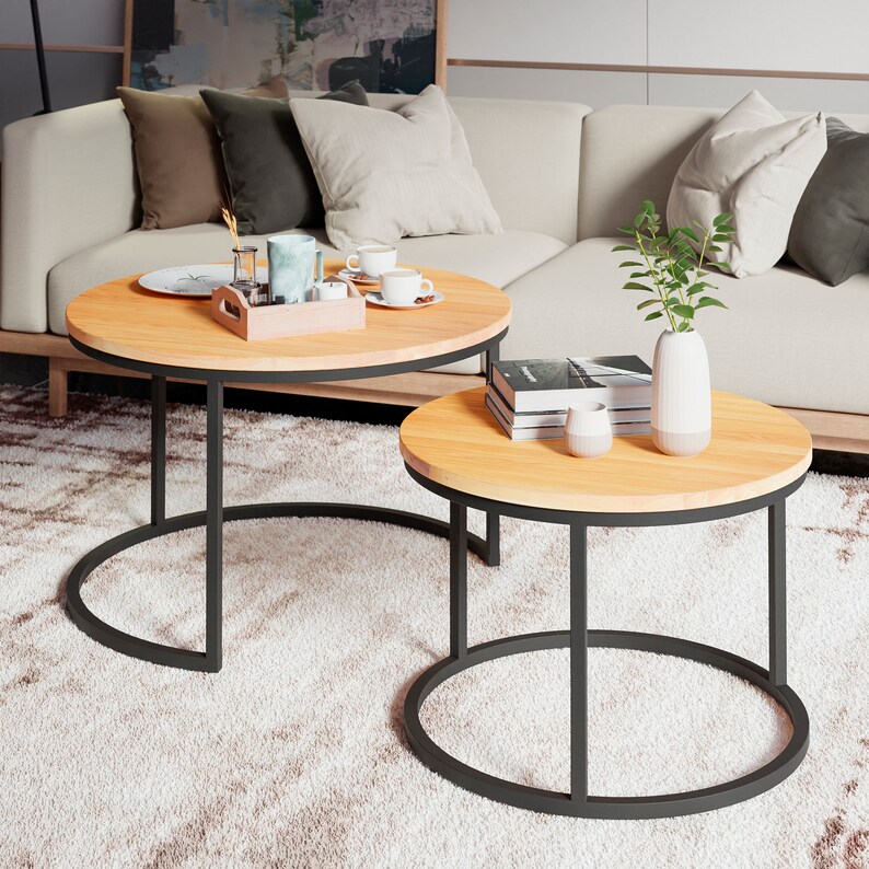 Round Nesting Coffee Table, Round Wood Coffee Table Set, Modern Coffee Table Set, Solid Oak ...