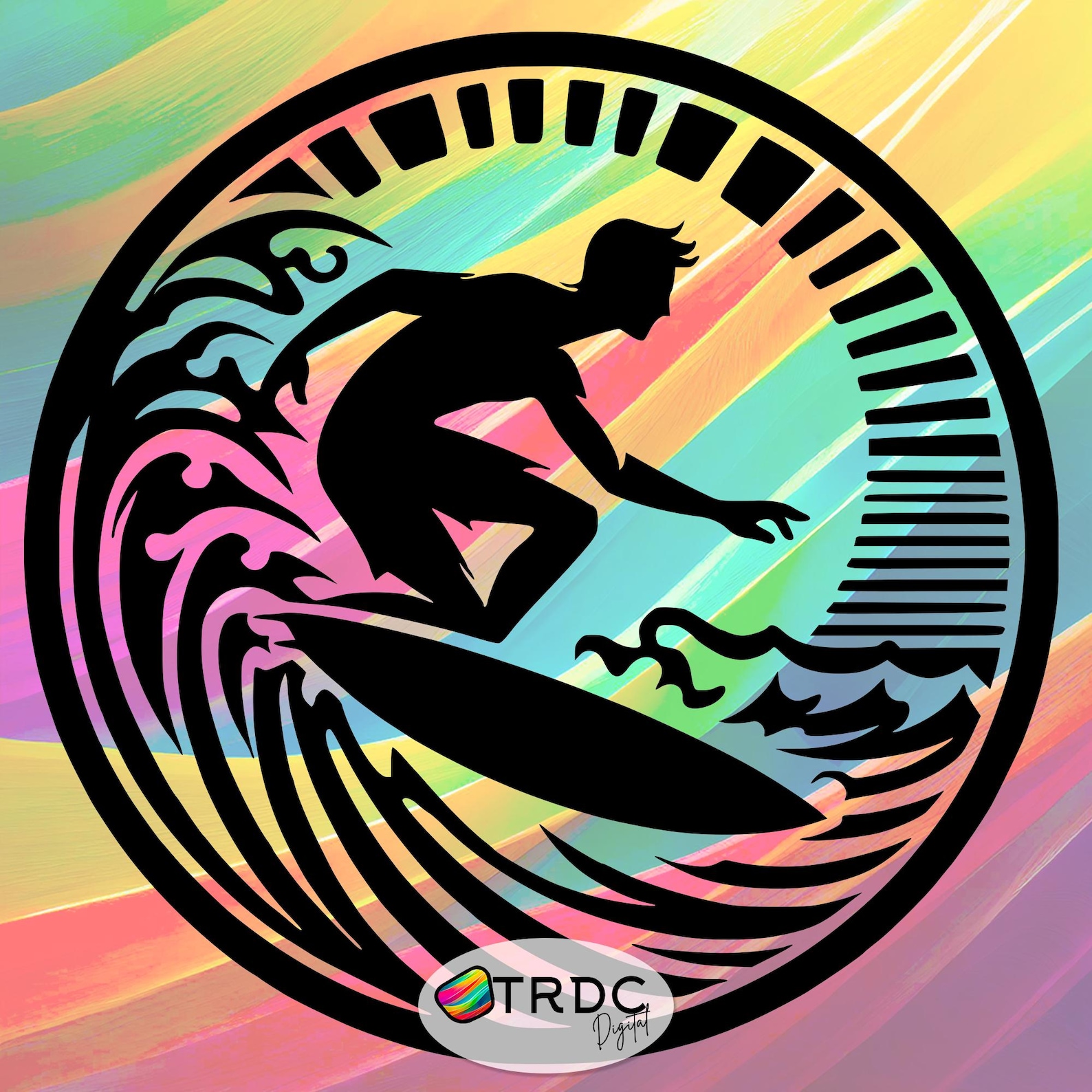 Surfer Riding a Wave Circle SVG Cricut, Silhouette Vinyl Digital Files ...