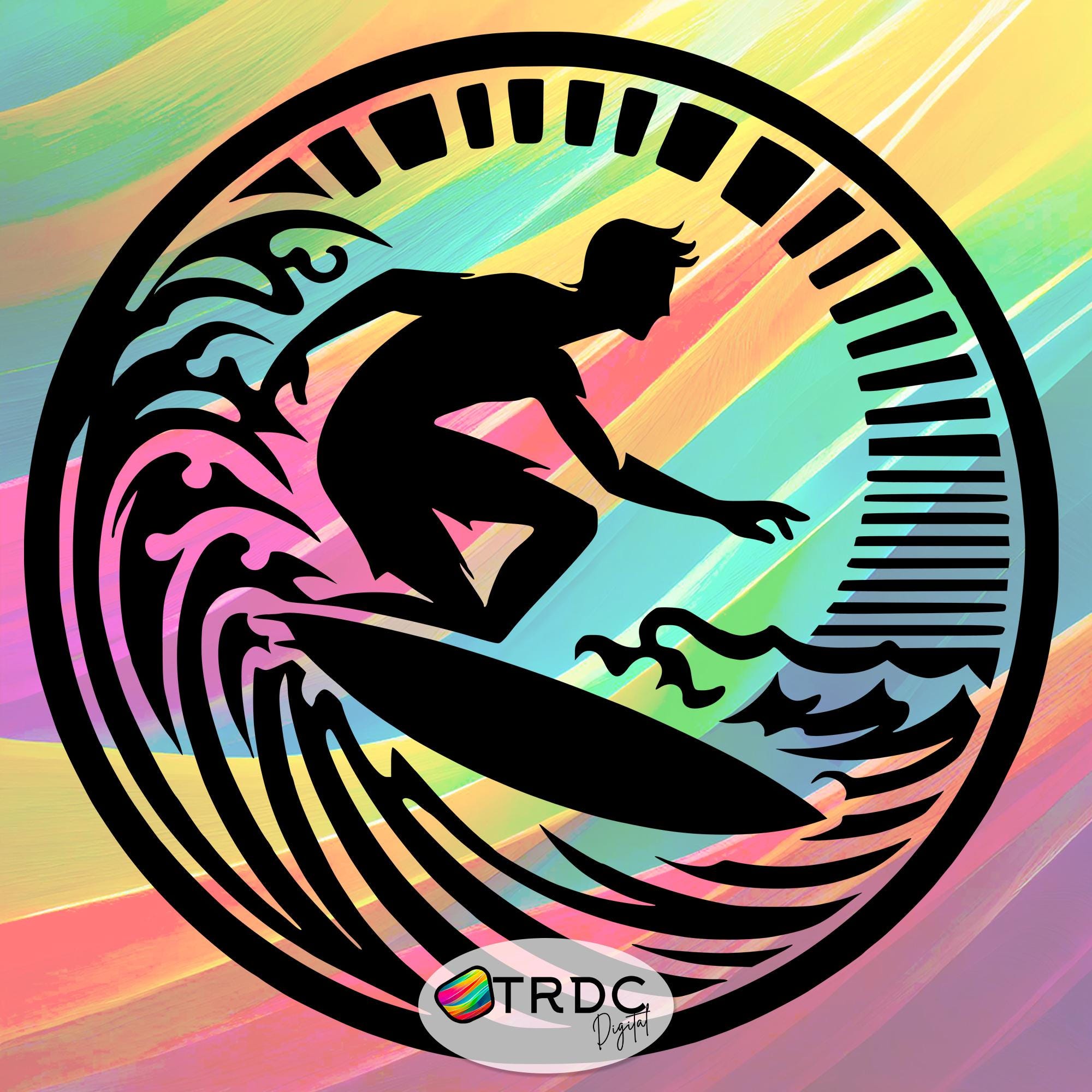 Surfer Riding a Wave Circle SVG - Cricut, Silhouette Vinyl Digital ...
