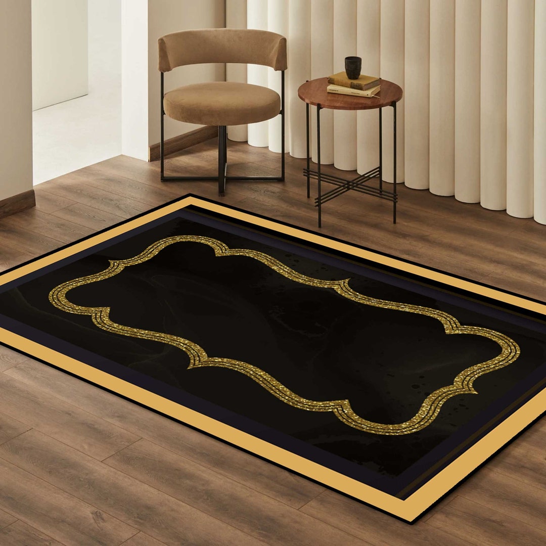 Black and Gold Rug, Rugs for Living Room and Bedroom, Washable Rug, Non ...
