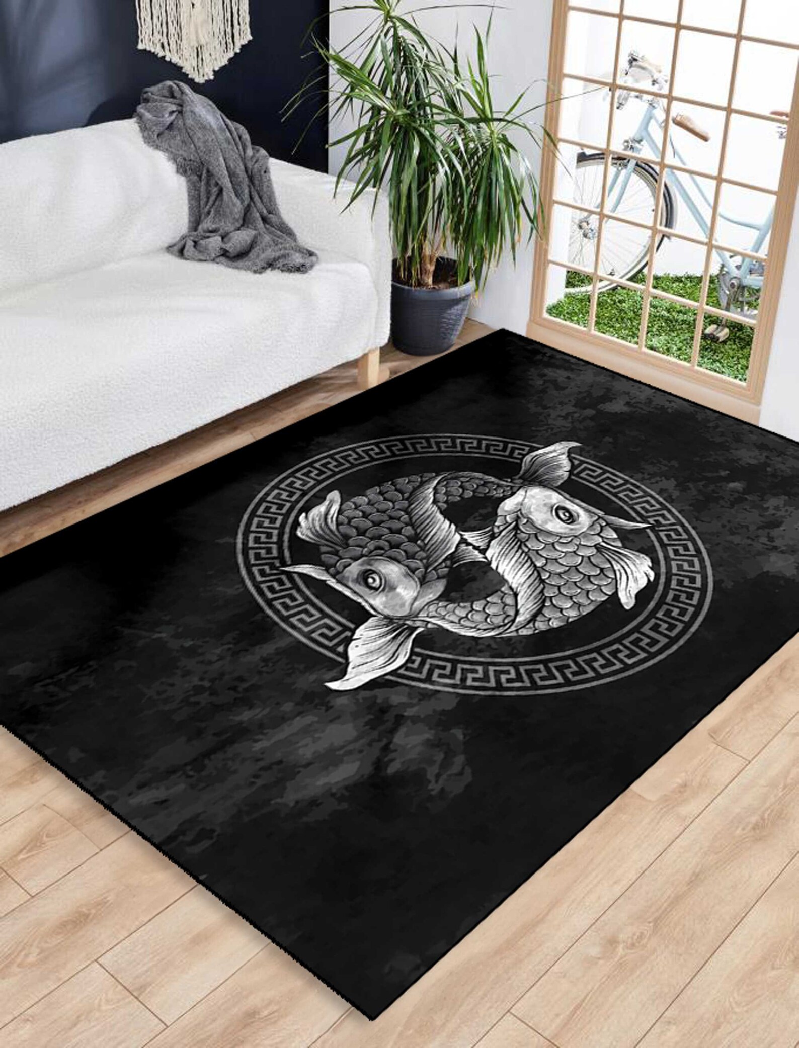 Koi Fishes, Fish Pattern Rug, Japanese Rug, Yin and Yang Design Rug ...