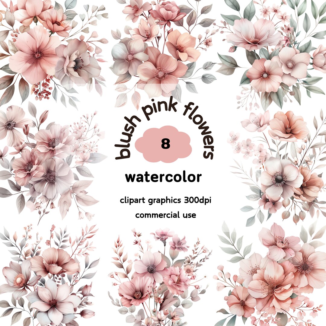 8 Blush Pink Flowers Clipart, Watercolor ,PNG Files,300 Dpi,flower ...