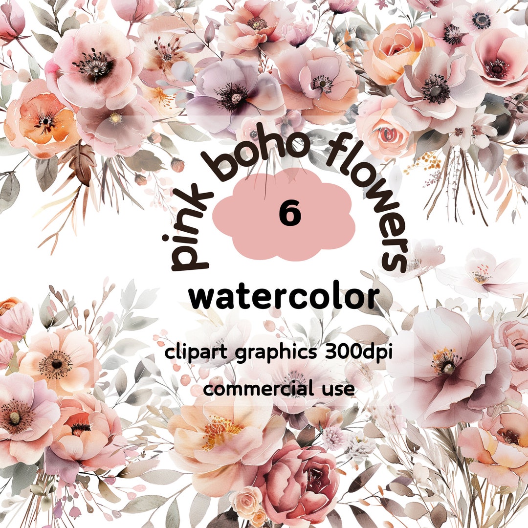 6 Pink Flowers Clipart, Boho Flowers, Watercolor , PNG Files , 300 DPI ...
