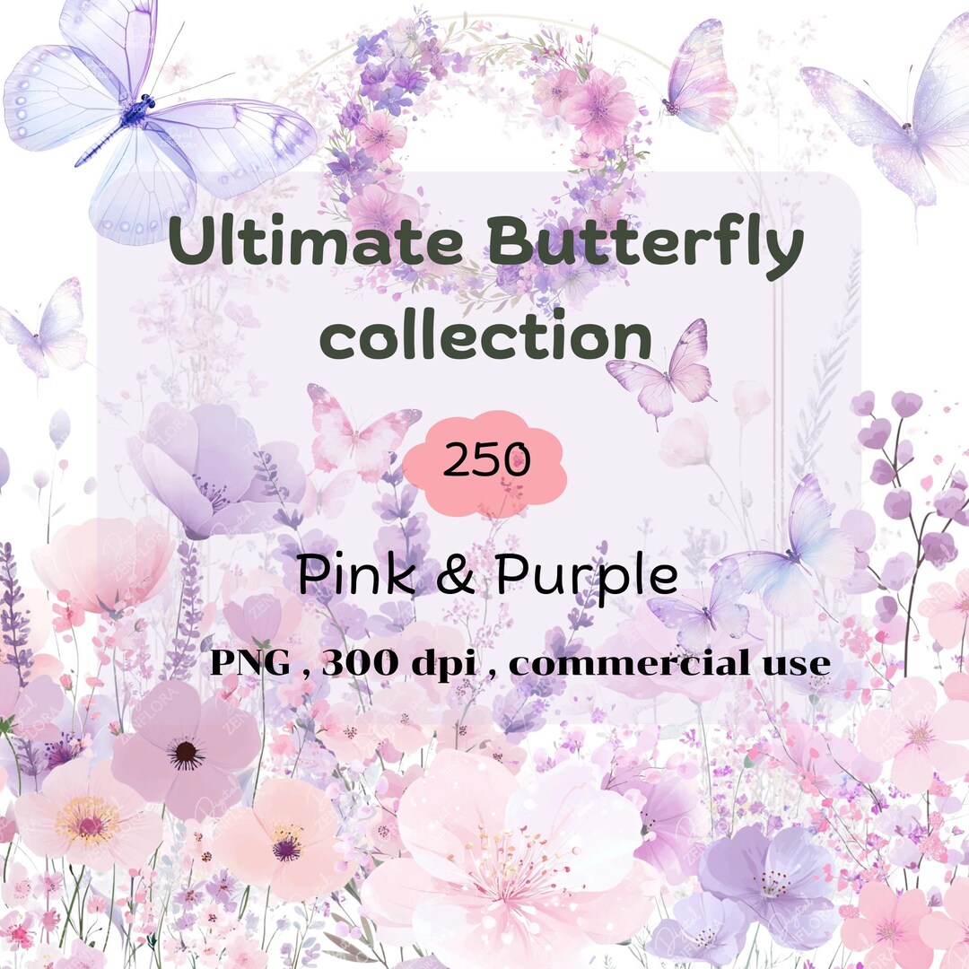 Butterfly Clipart Bundle: Pink & Purple Floral Pngs (commercial Use ...