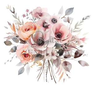 6 Pink Flowers Clipart, Boho Flowers, Watercolor , PNG Files , 300 DPI ...