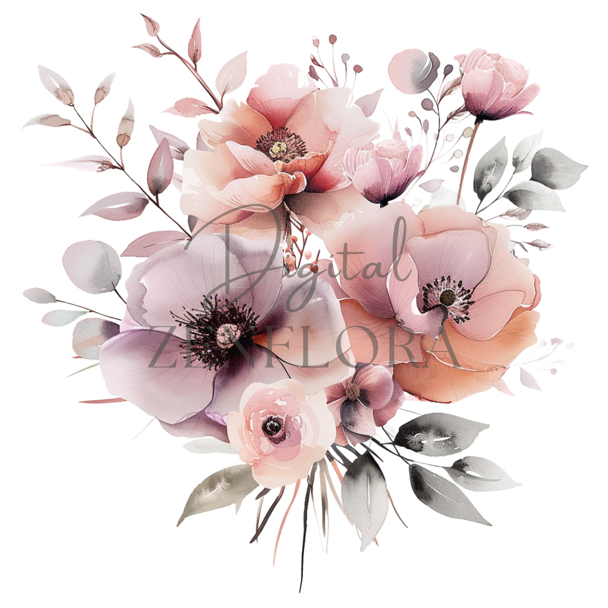 6 Pink Flowers Clipart, Boho Flowers, Watercolor , PNG Files , 300 DPI ...