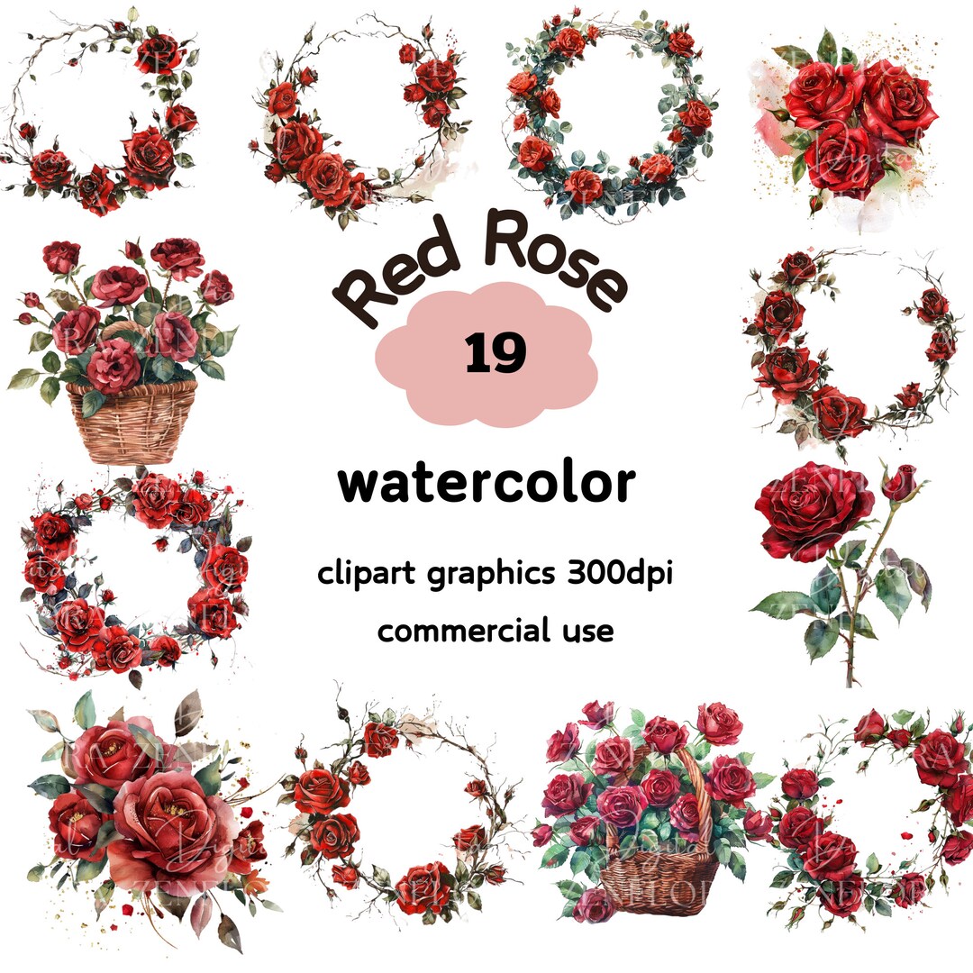 19 Red Roses Cliart,watercolor, PNG Files,300 Dpi,instant Download ...