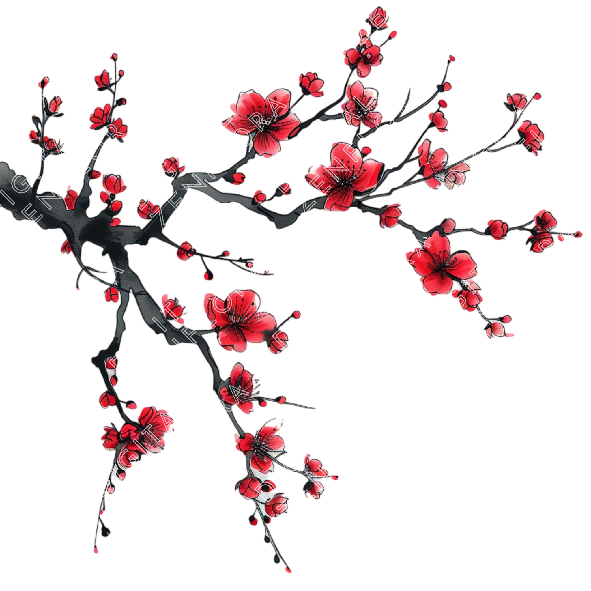 Red Sakura Watercolor Clipart: Cherry Blossom Branch (digital Download ...