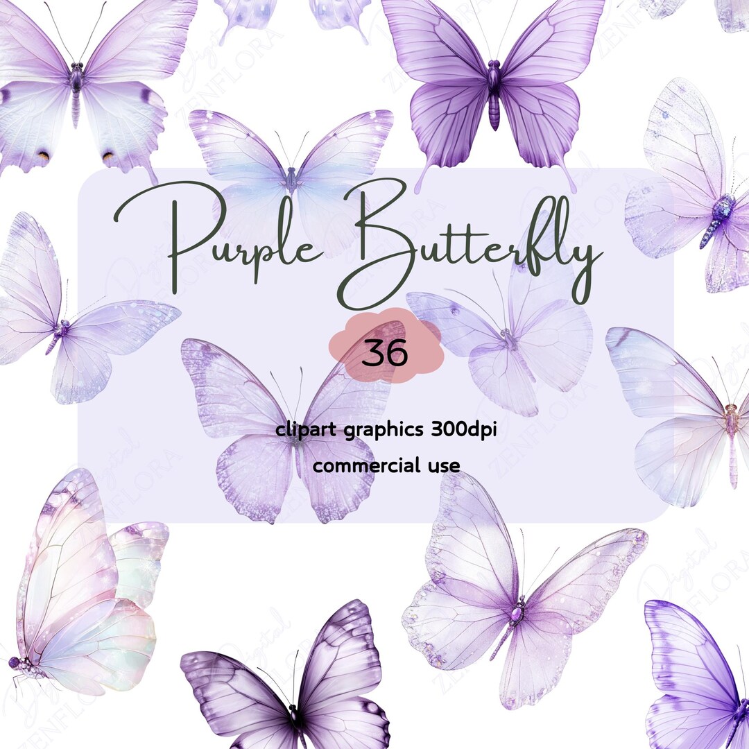 Purple Butterfly Clipart, 36 PNG Files, Junk Journal (digital Download ...