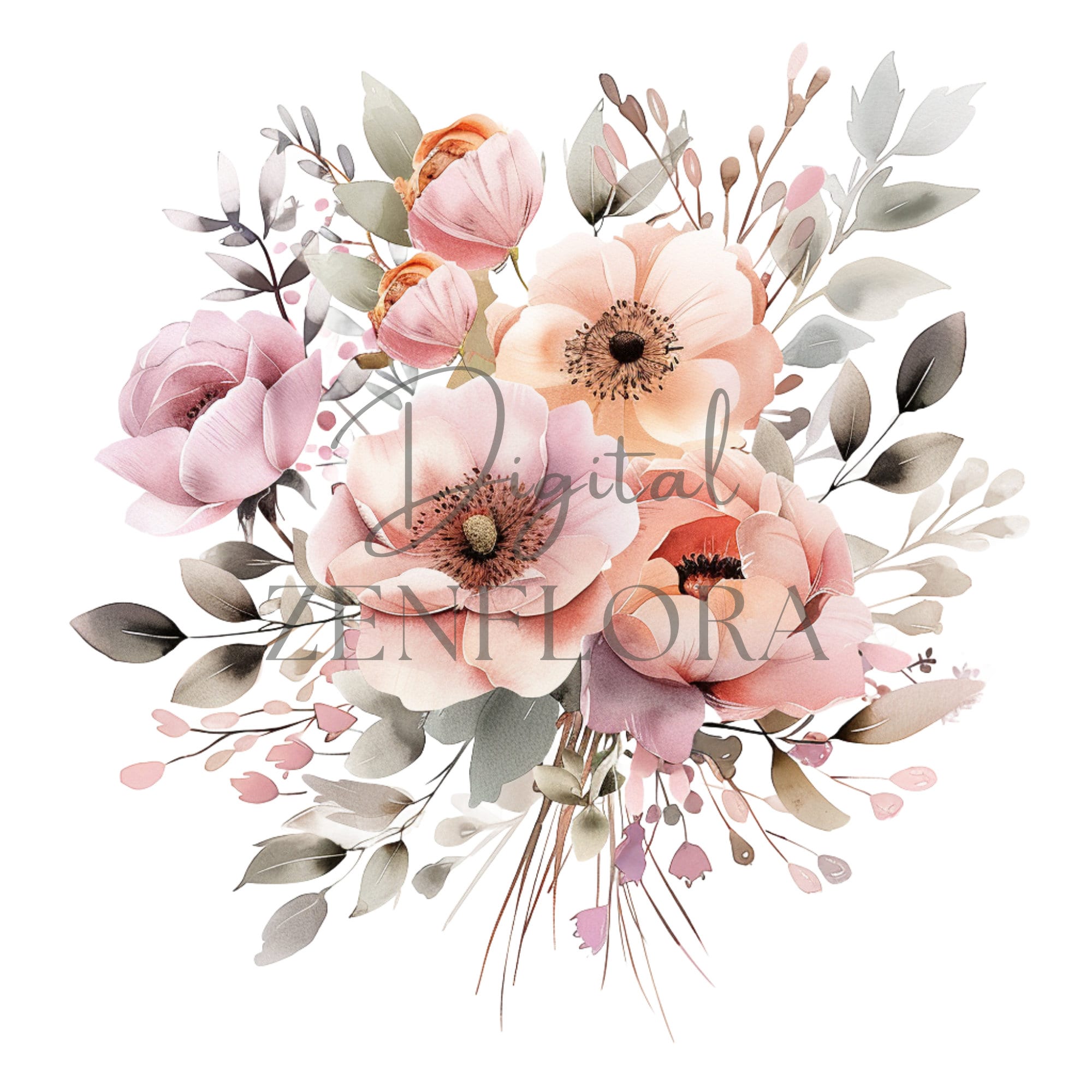 6 Pink Flowers Clipart, Boho Flowers, Watercolor , PNG Files , 300 DPI ...