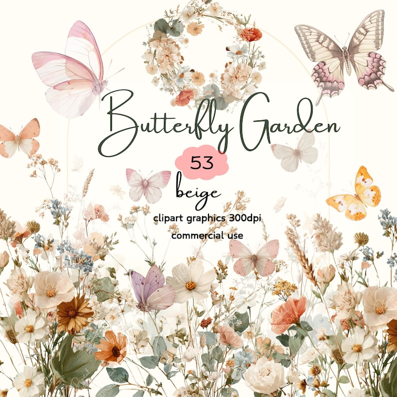 Butterfly Garden Clipart Bundle: Wildflower Frame, Junk Journal (PNG ...