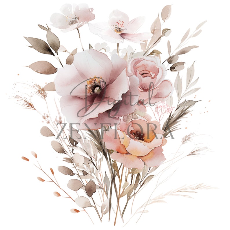 6 Pink Flowers Clipart, Boho Flowers, Watercolor , PNG Files , 300 DPI ...