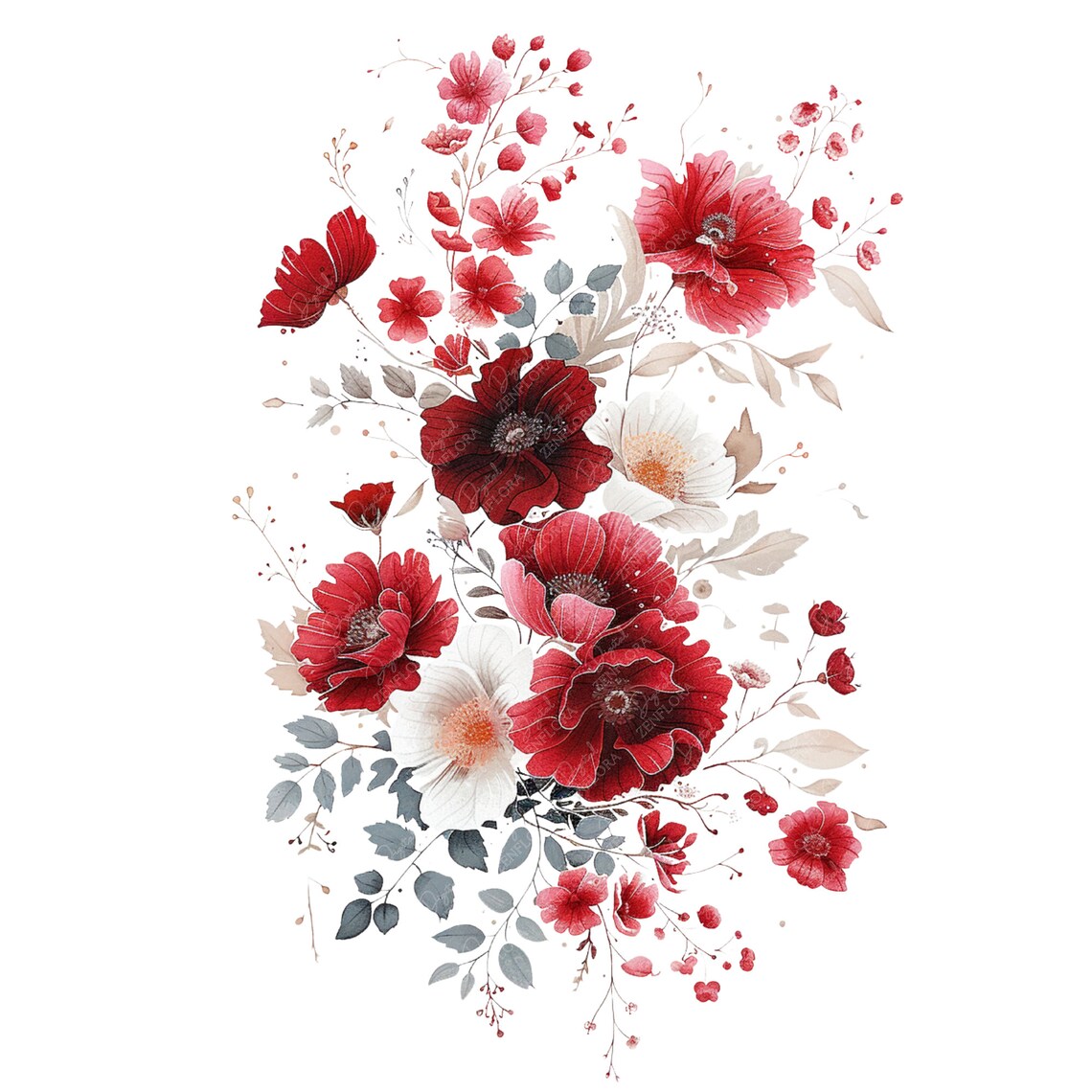 Abstract Flowers Clip Art, Flowers Bouquet,red Floral,flowers Print,png ...