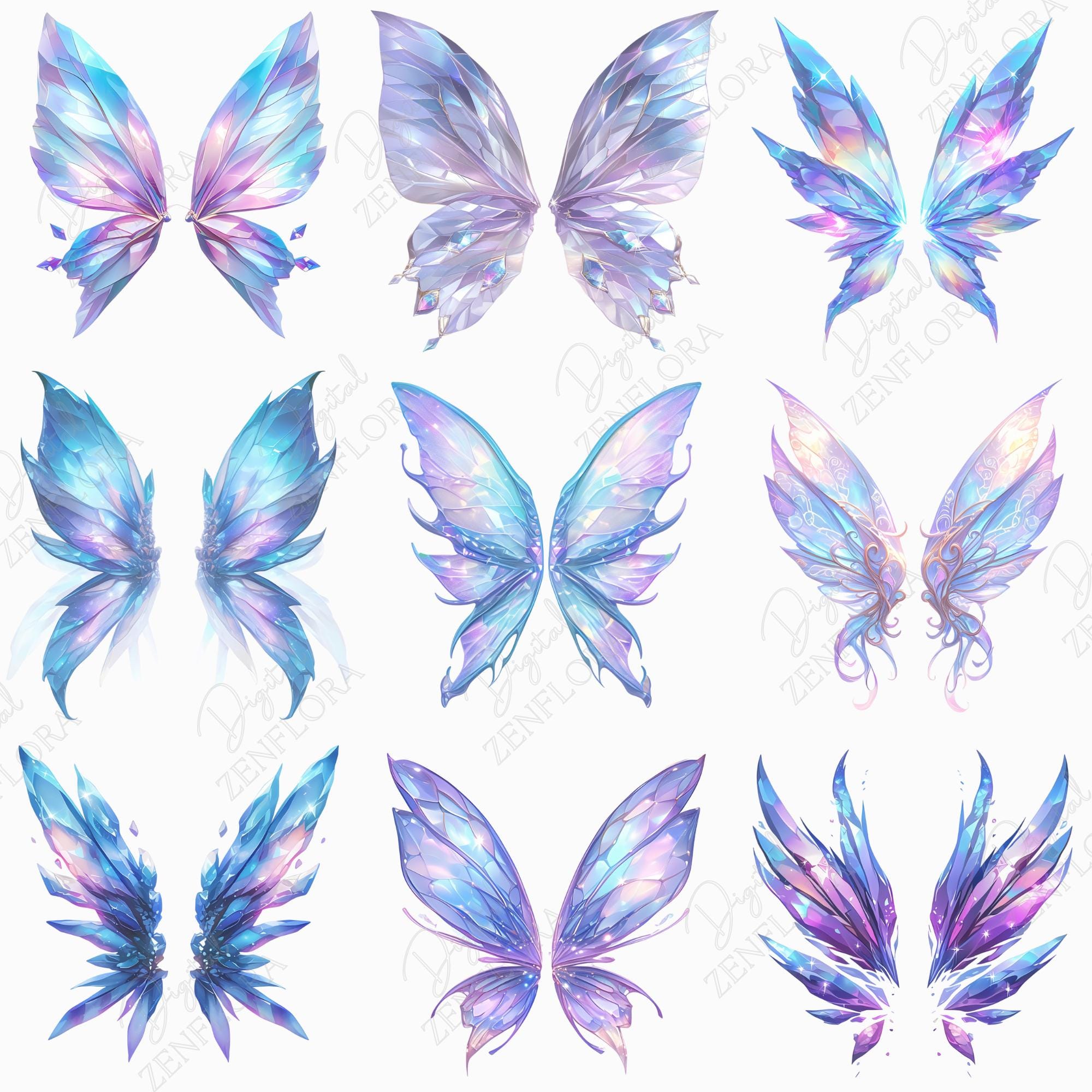 Crystal Fairy Wings Clipart: Blue & Pink Angel Wings (PNG, Digital ...