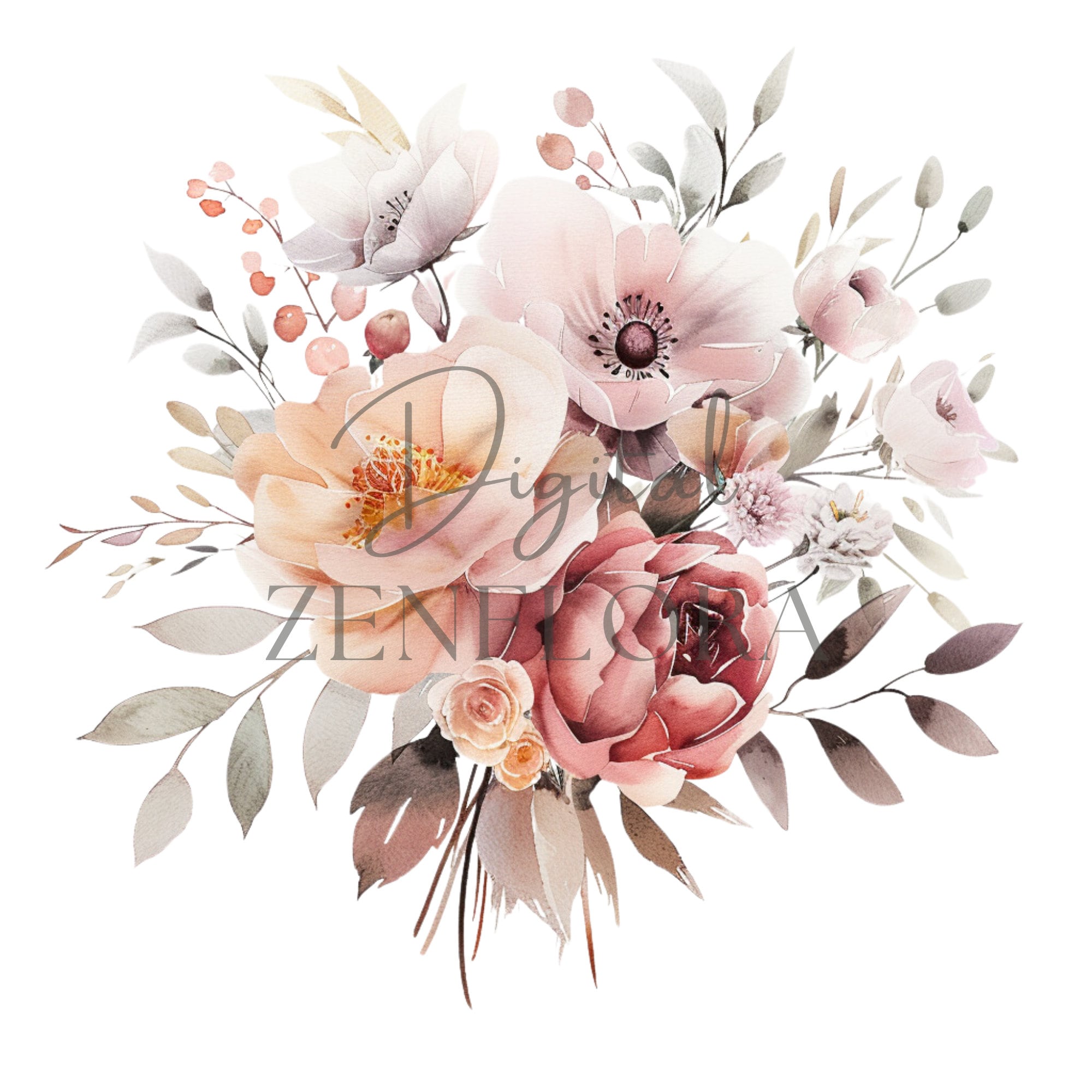 6 Pink Flowers Clipart, Boho Flowers, Watercolor , PNG Files , 300 DPI ...