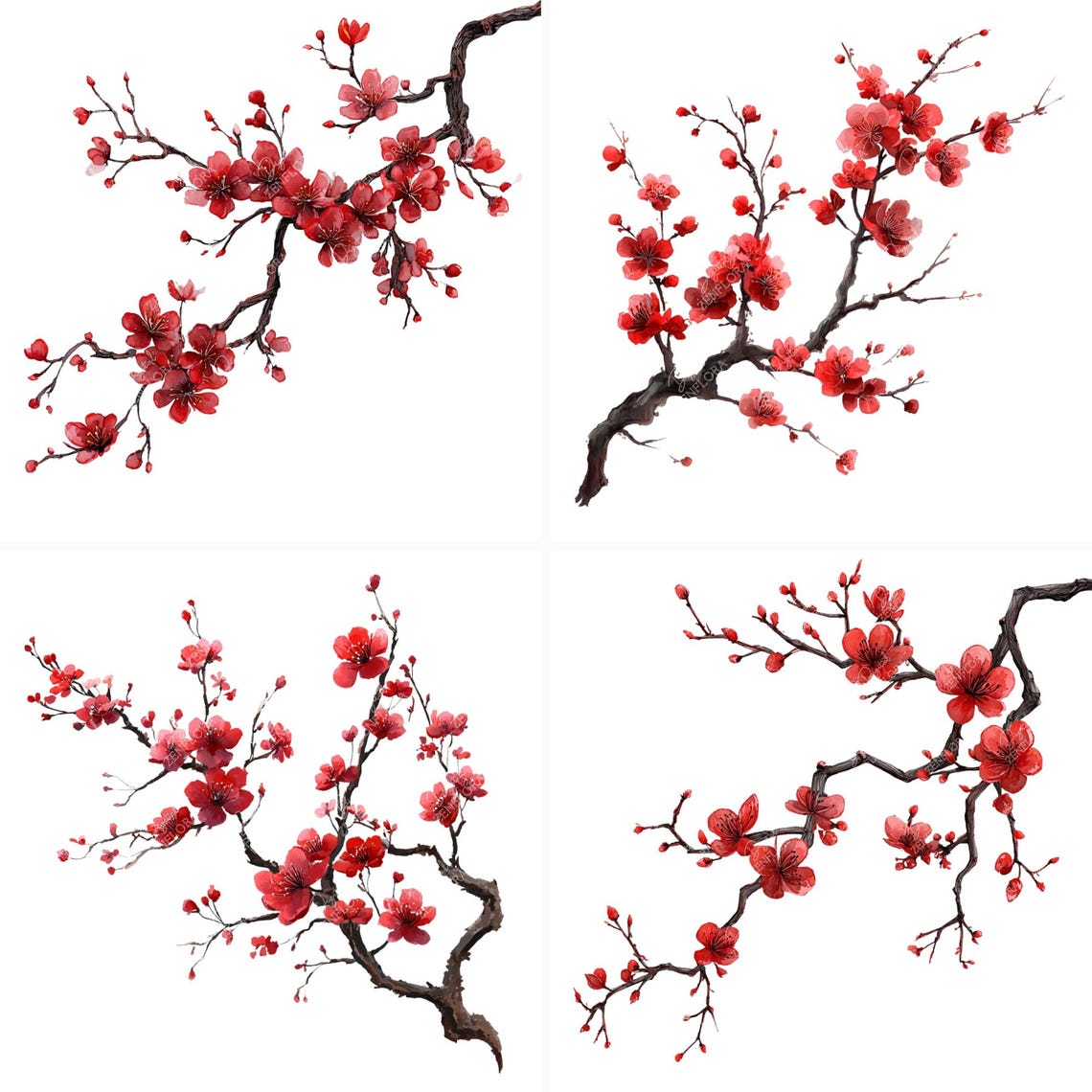 Red Sakura Clipart: Watercolor Cherry Blossom Branch (digital Download ...