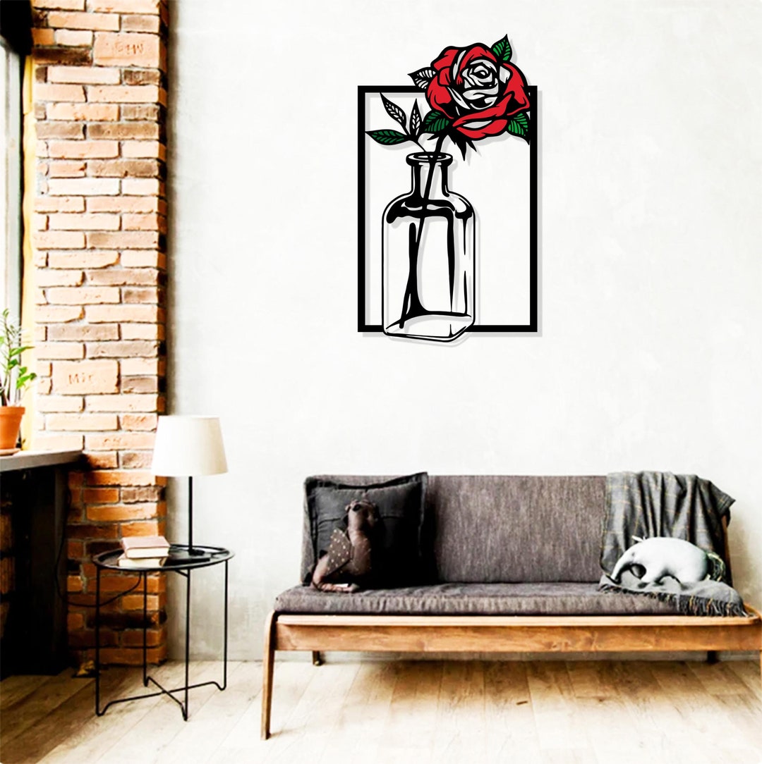 Metal Rose Wall Art for Living Room, Minimalist Floral Decor, Unique ...