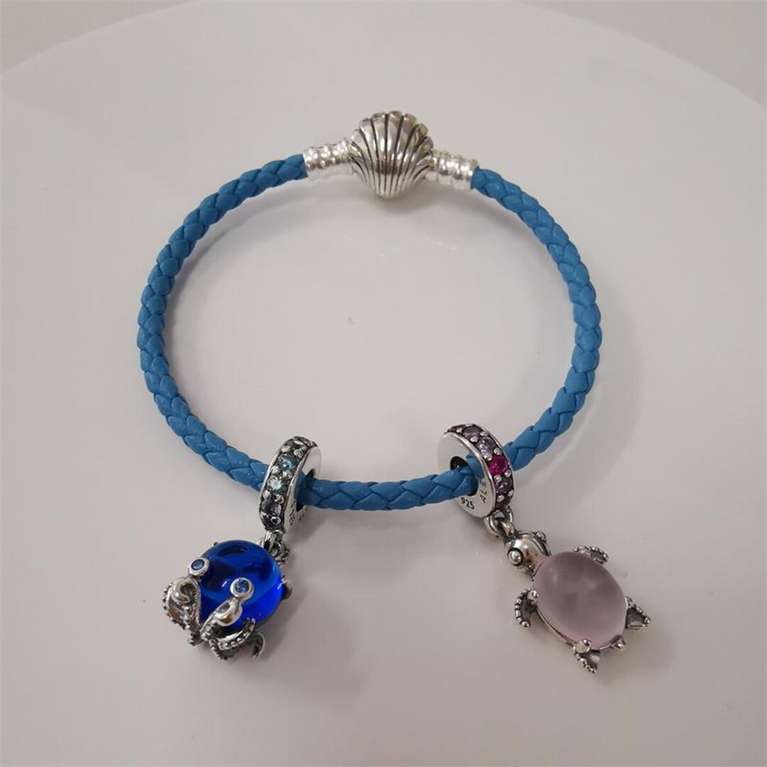 Pandora S925 Murano Glass Turtle & Octopus Turquoise Leather Bracelet ...