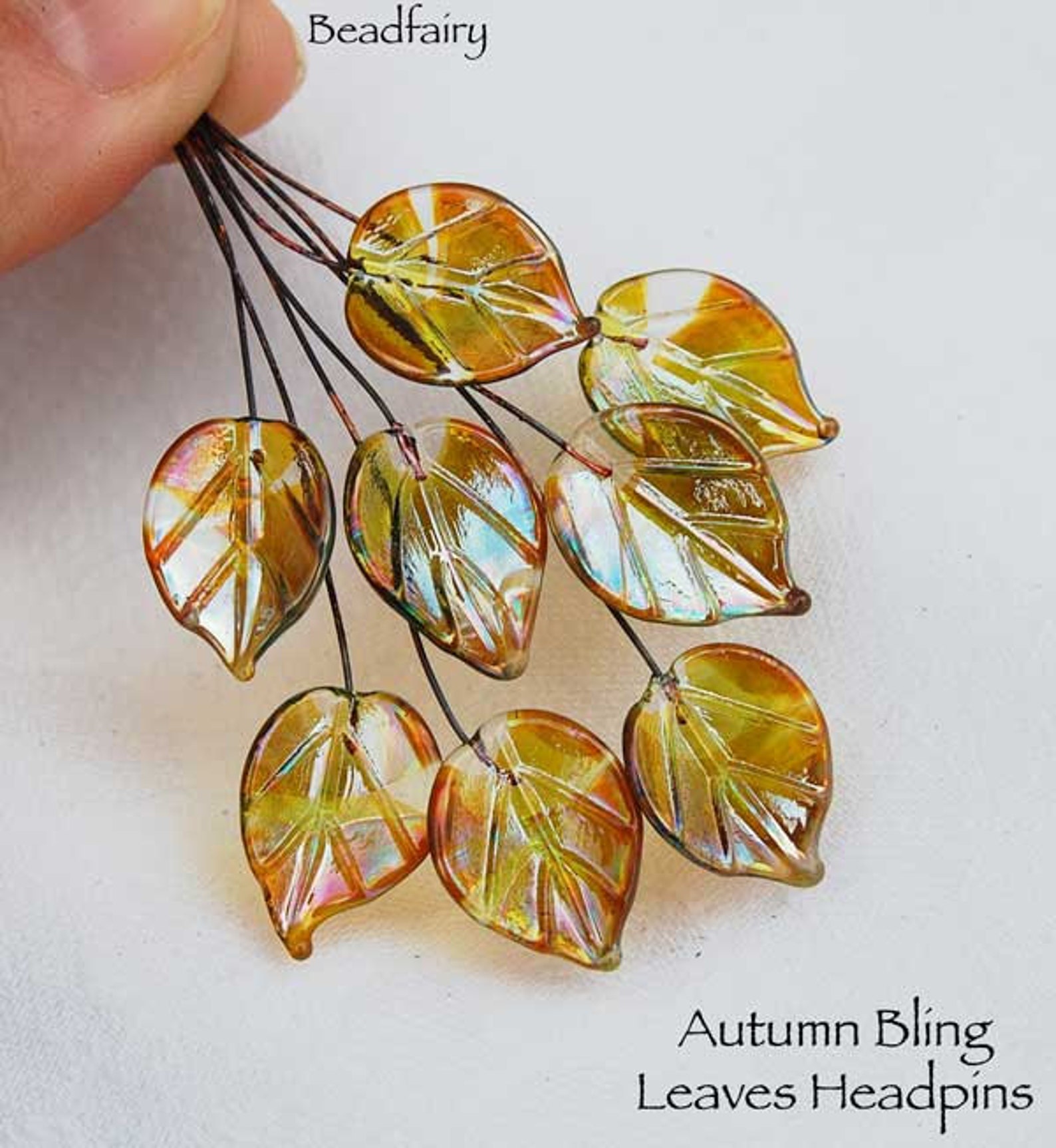 8 Autumn Bling Leaves Head Pins Set Glass Headpins Handmade - Etsy