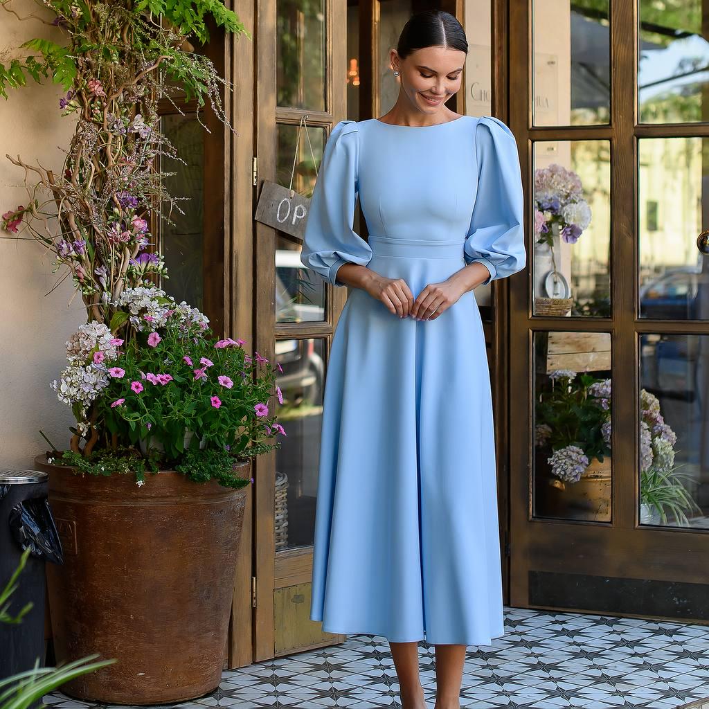 Light Blue Wedding Guest Dress, Light Blue Midi Dress With Puff Sleeves ...