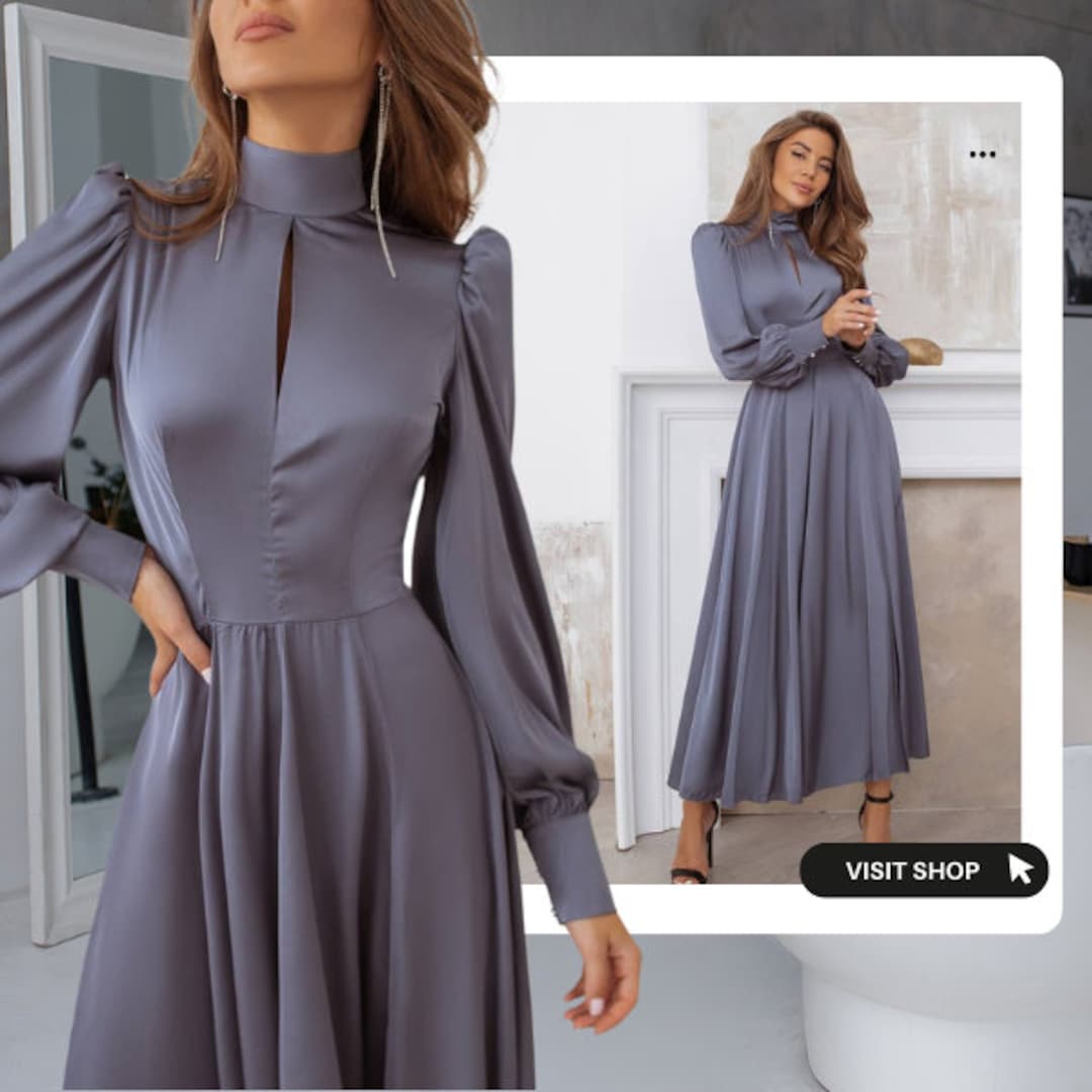 Silk Maxi Dresses for Women Wedding Guest Dress Long Sleeve Satin Dress ...
