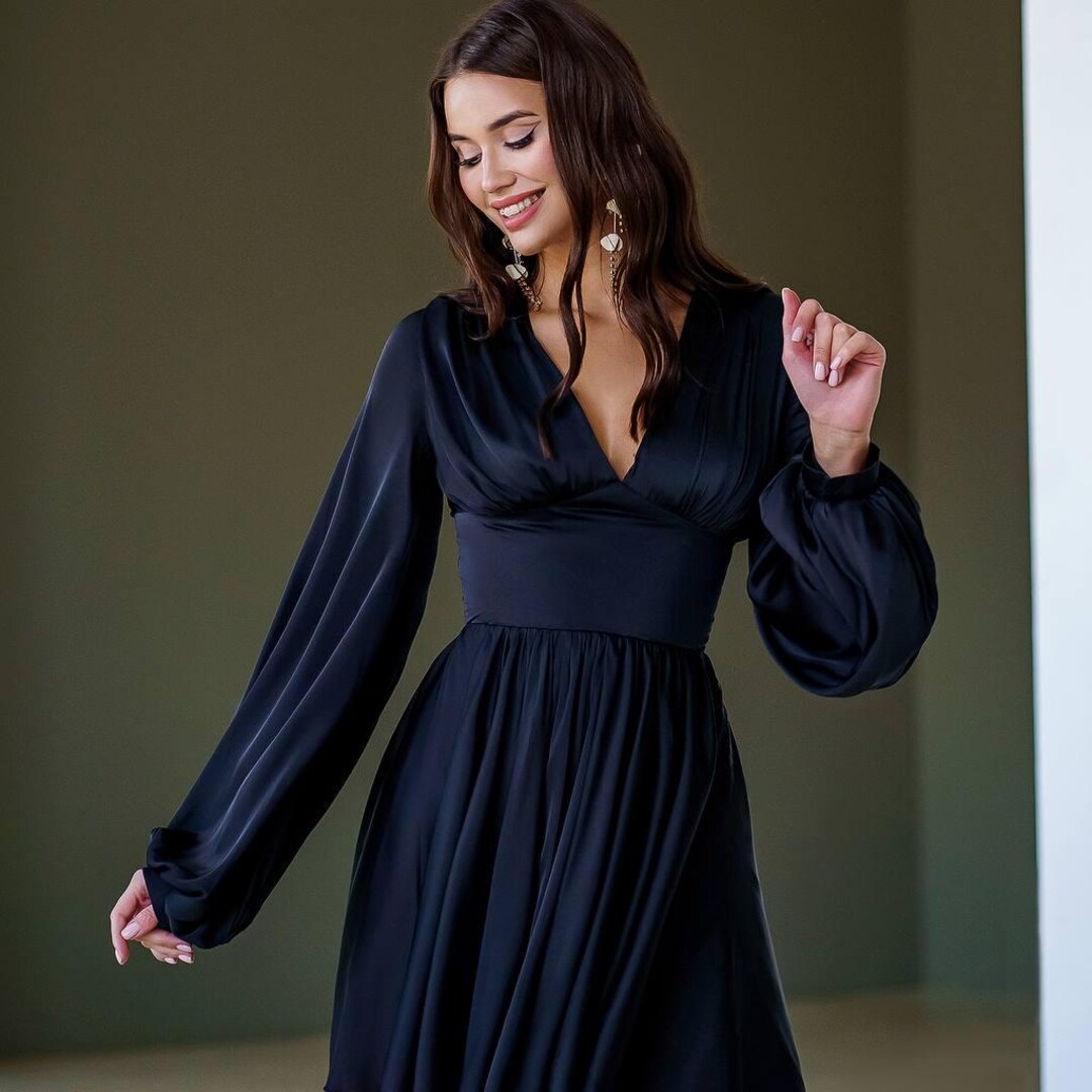 Chic Black Satin Dress With Flowing Long Sleeves for Evening Events - Etsy