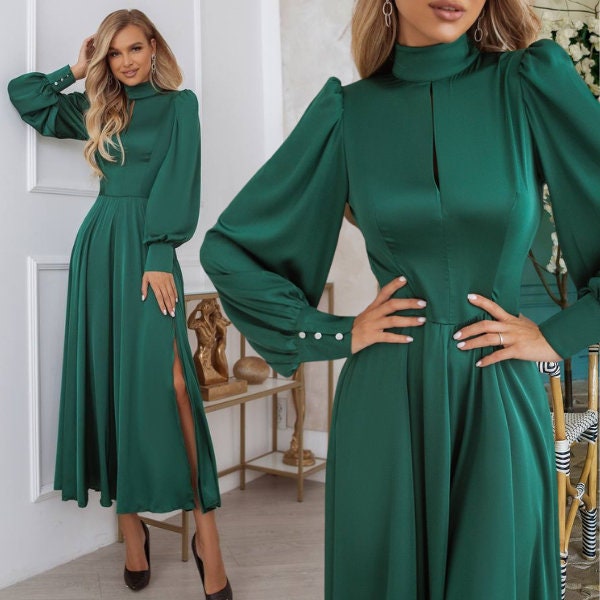 Emerald Green Satin Cocktail Dress - Etsy