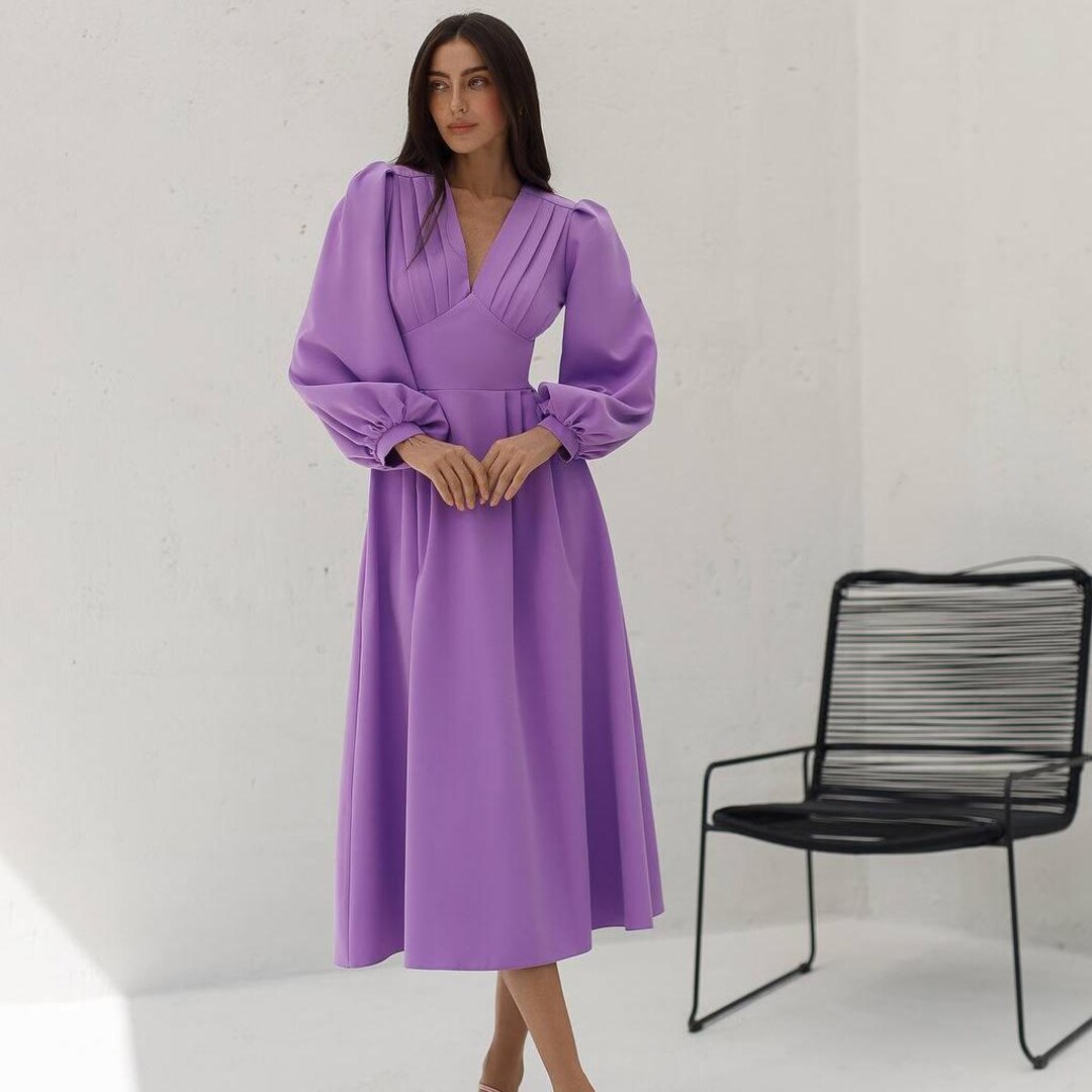 Violet Formal Midi Dress With V-neckline & Weddin Guest Dress Puff ...