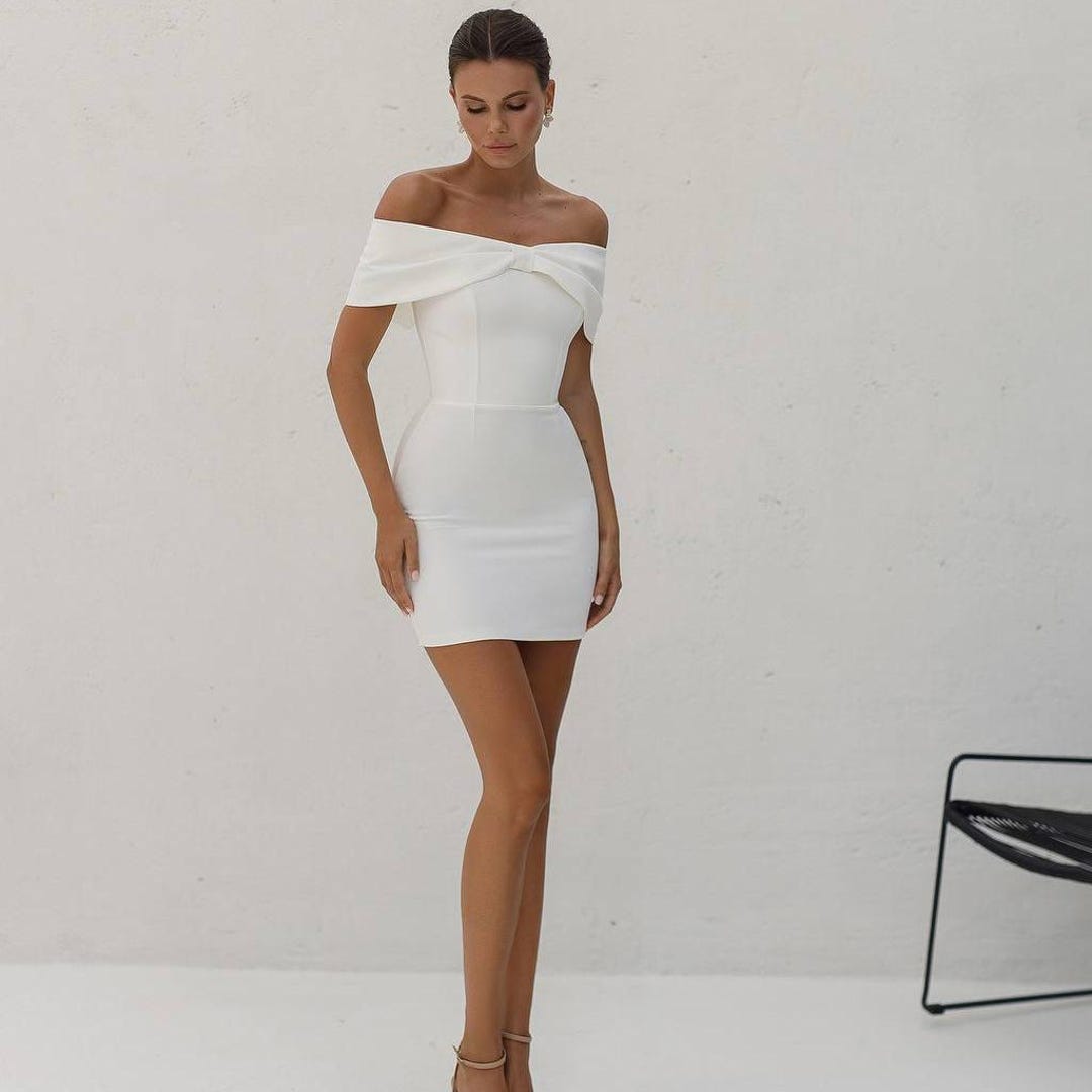 White Short Wedding Dress Mini Cocktail Dress, Off-shoulder Design With ...