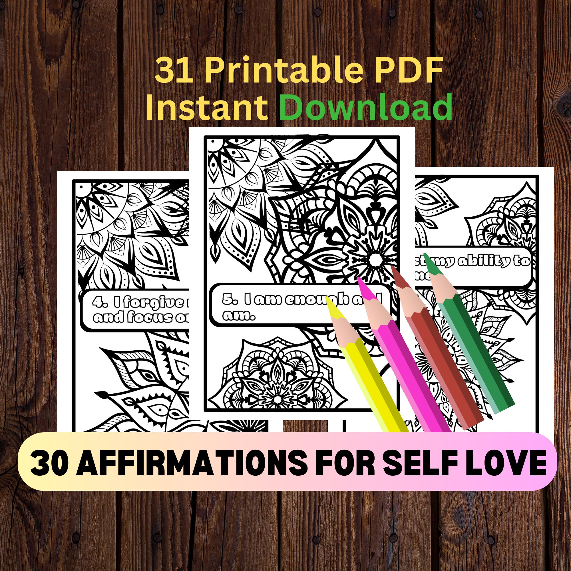 Printable Self-love Mandala Coloring Pages PDF: 30 Affirmations for ...