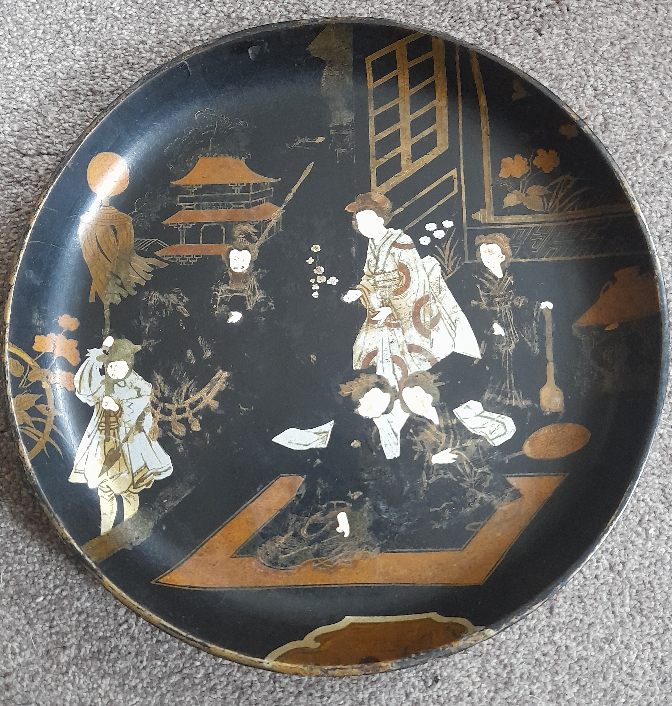 Antique Chinese Chinoiserie Laquered Plate,round Chinese Paper Mache ...