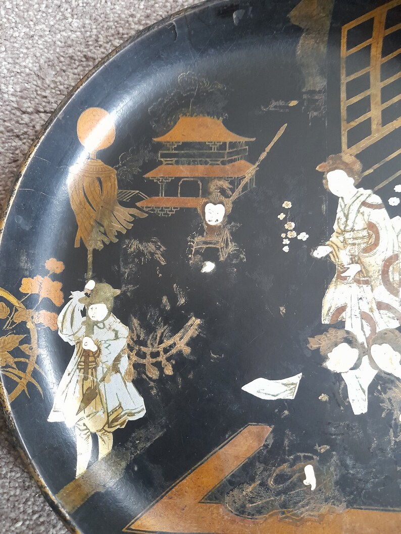 Antique Chinese Chinoiserie Laquered Plate,round Chinese Paper Mache ...