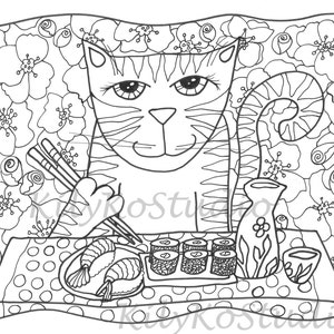 Sushi Cat Cherry Blossoms Coloring Page Instant Digital Download PDF - Etsy