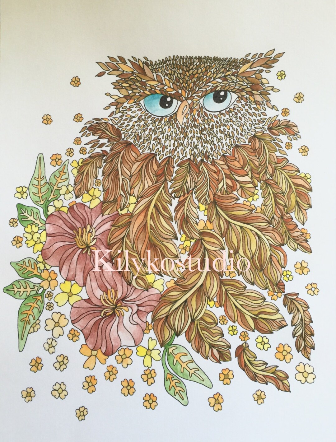 Feathery Owl & Flowers Adult Coloring Page Instant Digital Download Pdf ...
