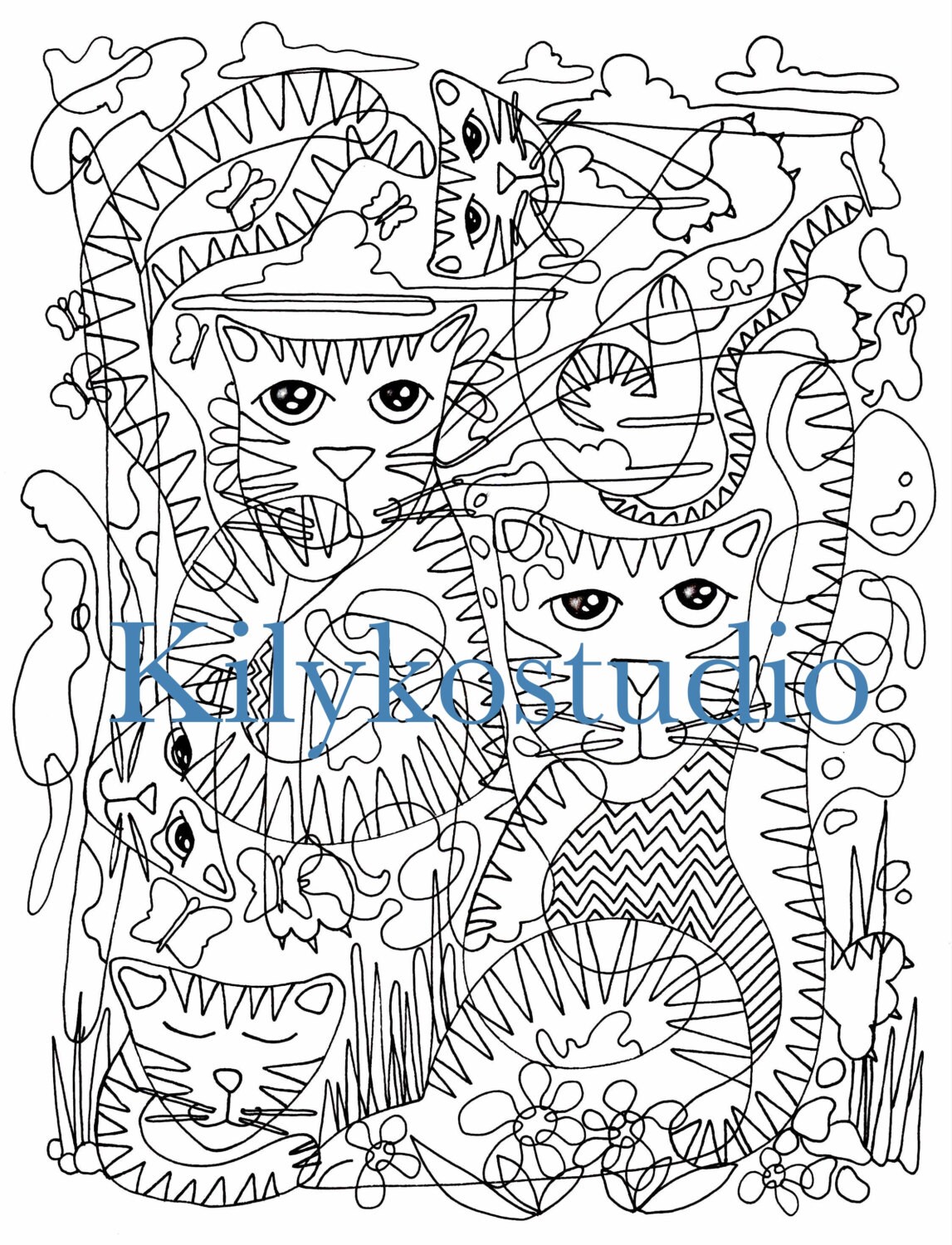 Abstract Cats Adult Coloring Page Instant Digital Download Pdf Journal ...