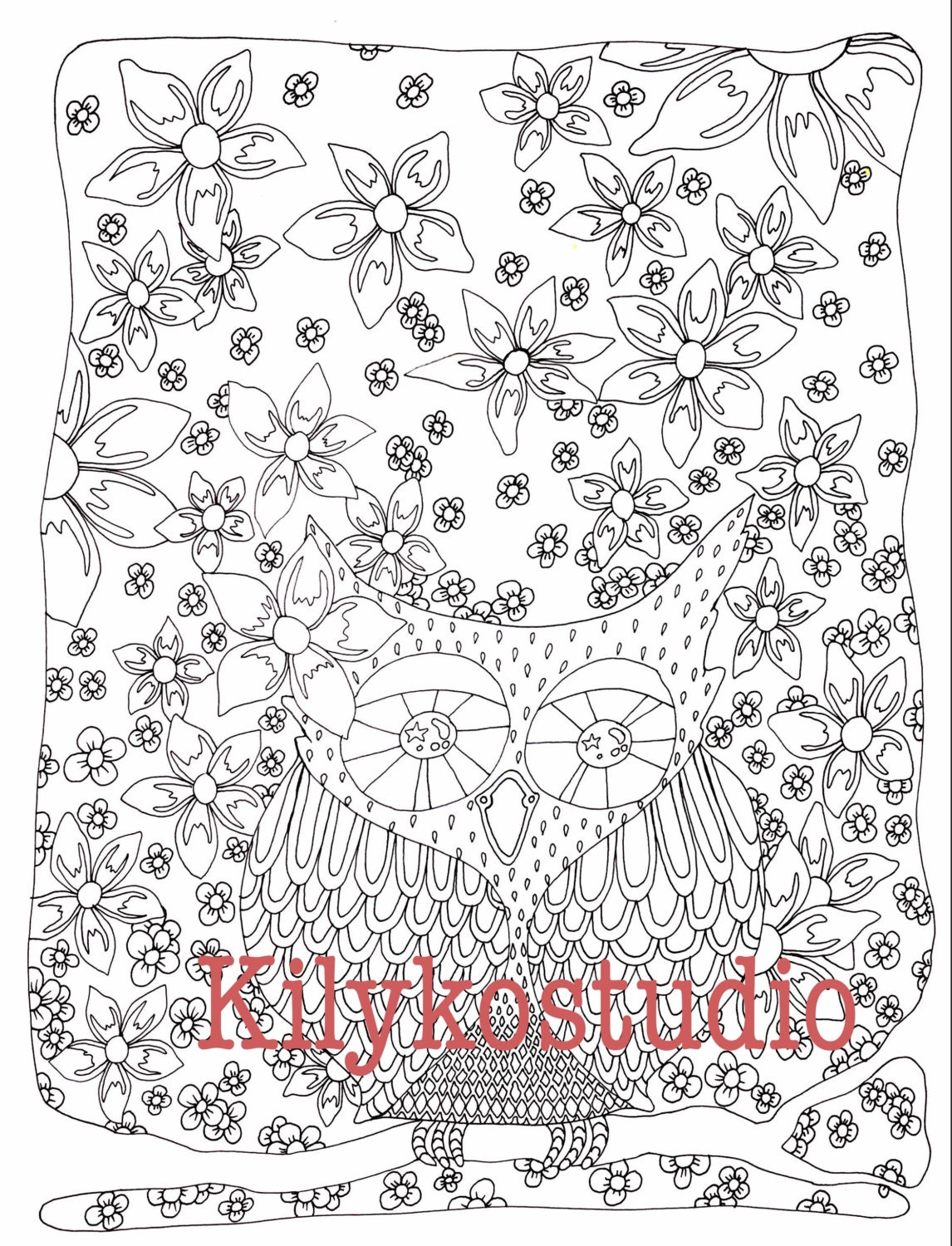 Owl in a Flower Tree Coloring Book Page Instant Digital - Etsy