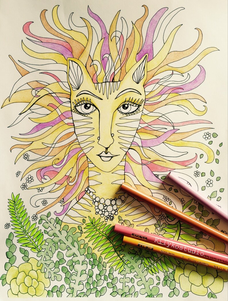 Cat Feline Lioness Abstract Fantasy Adult Coloring Page Instant Digital ...
