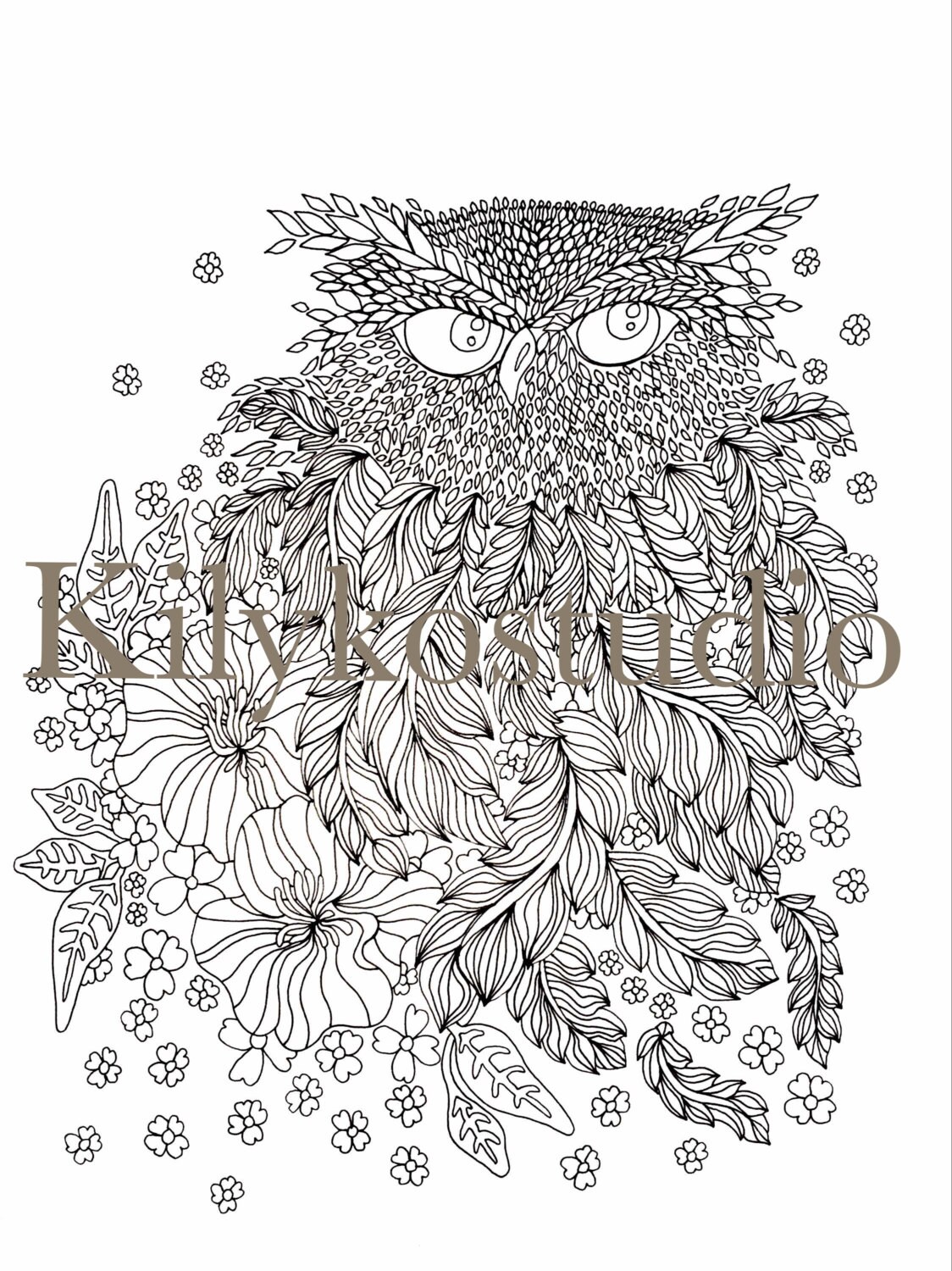Feathery Owl & Flowers Adult Coloring Page Instant Digital Download Pdf ...