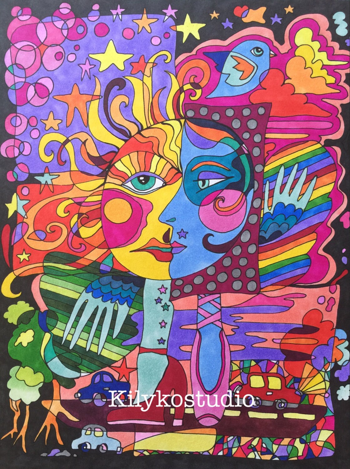 Abstract Funny Face Wings Adult Coloring Page Instant Digital Download ...