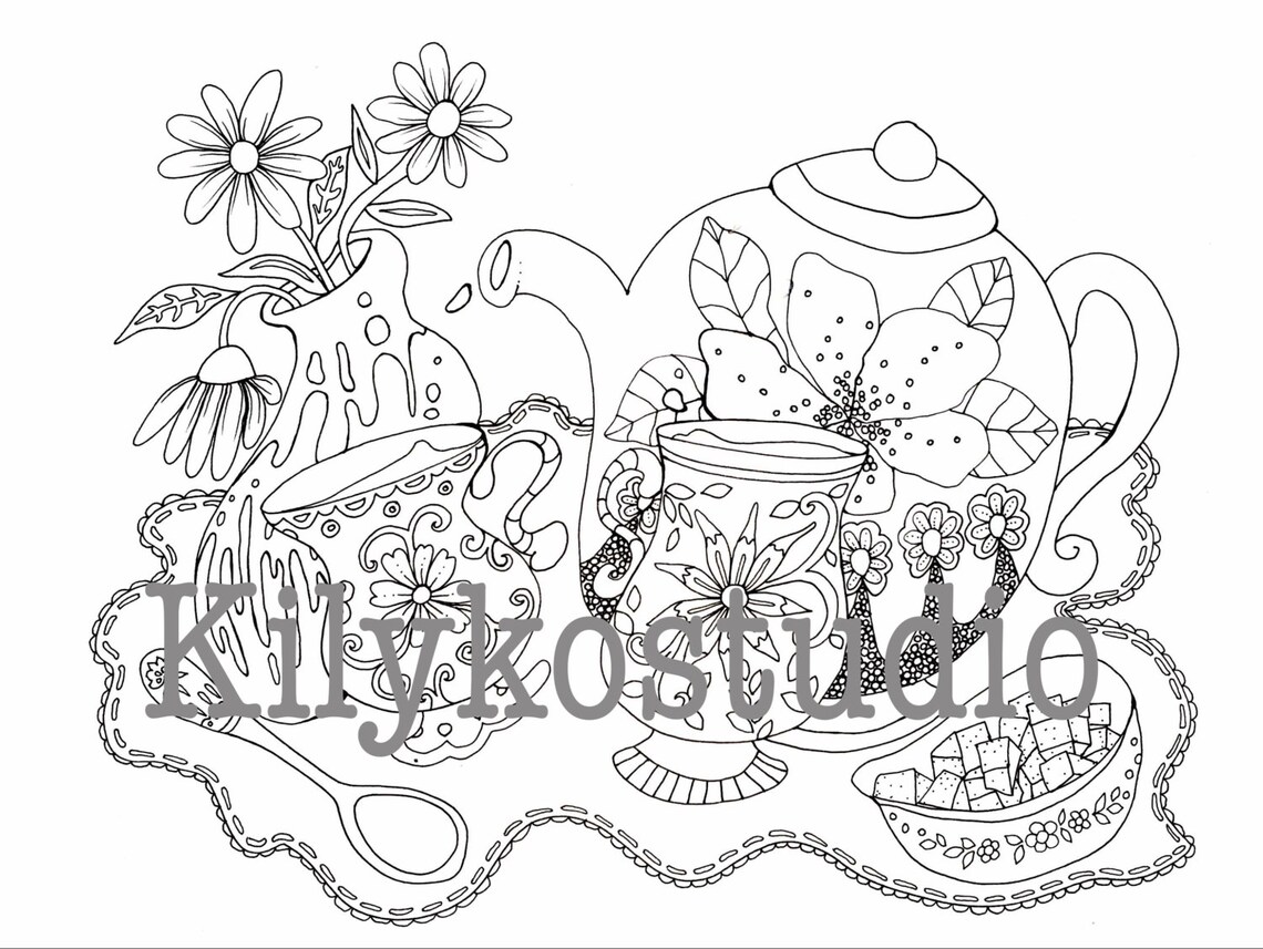 Teapot With Flower Adult Coloring Page Instant Digital Download Pdf - Etsy
