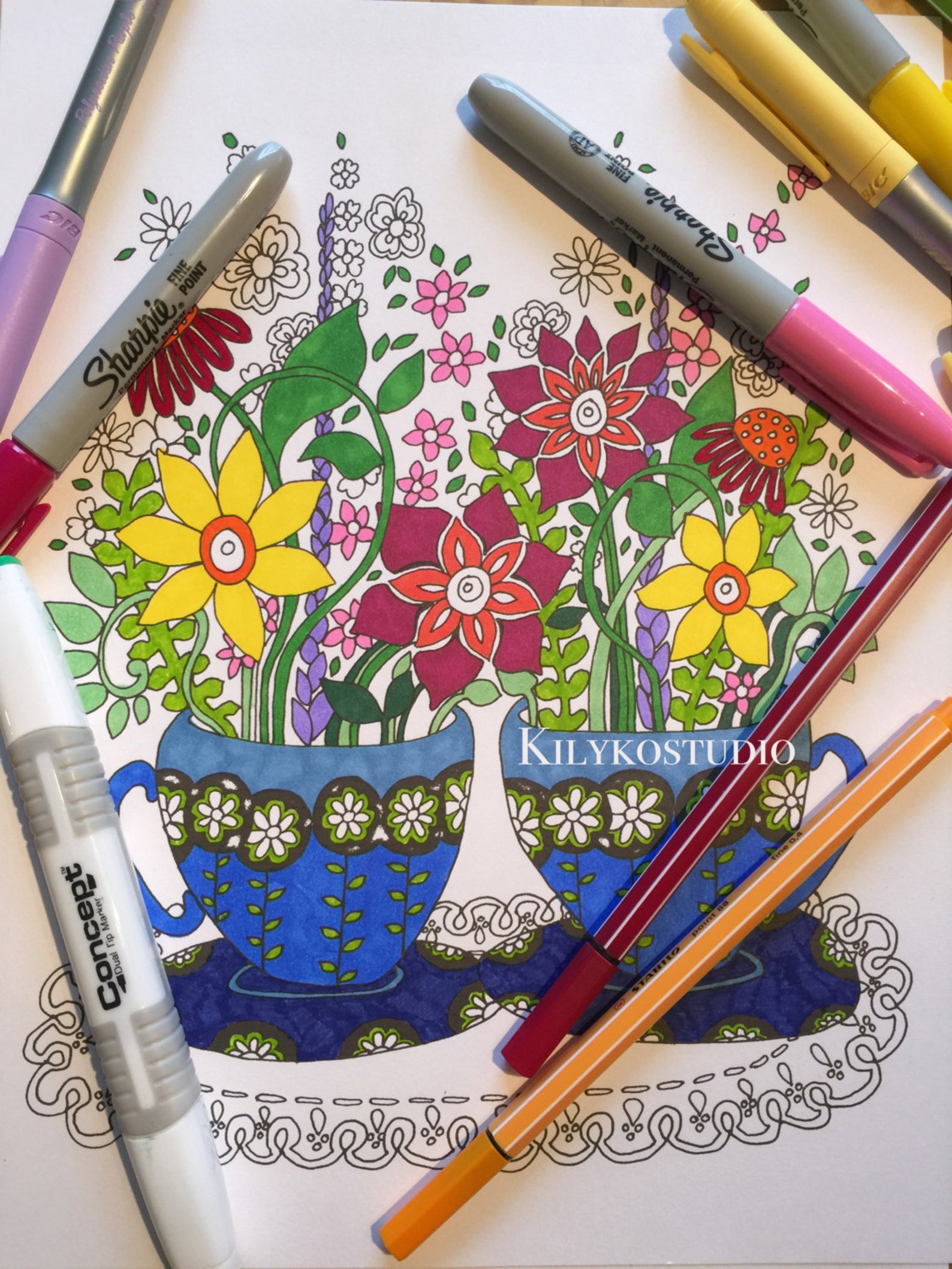 Tea Cups Adult Coloring Page Instant Digital Download Pdf - Etsy